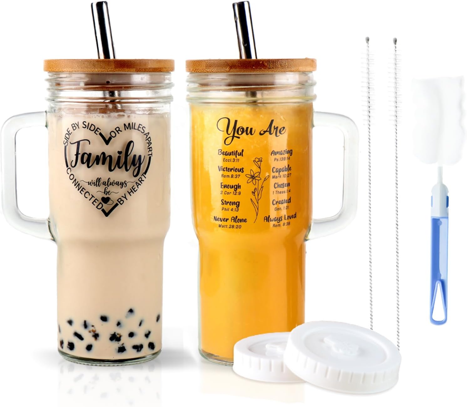 Amazon.com | 24oz Glass Cup with handle - glass cup with bamboo lids ...