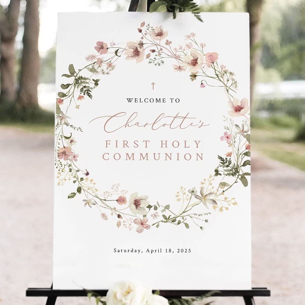 Printable First Communion Banner Templates Pink Gold And Floral First