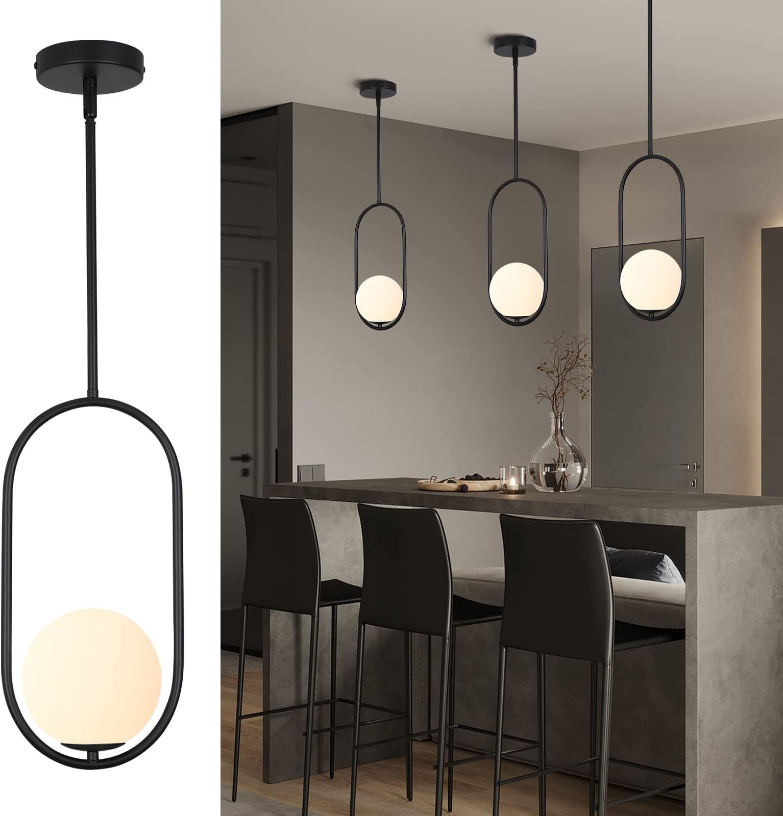 SeeU - Lámpara colgante moderna de una luz, globo negro, colgante para ...
