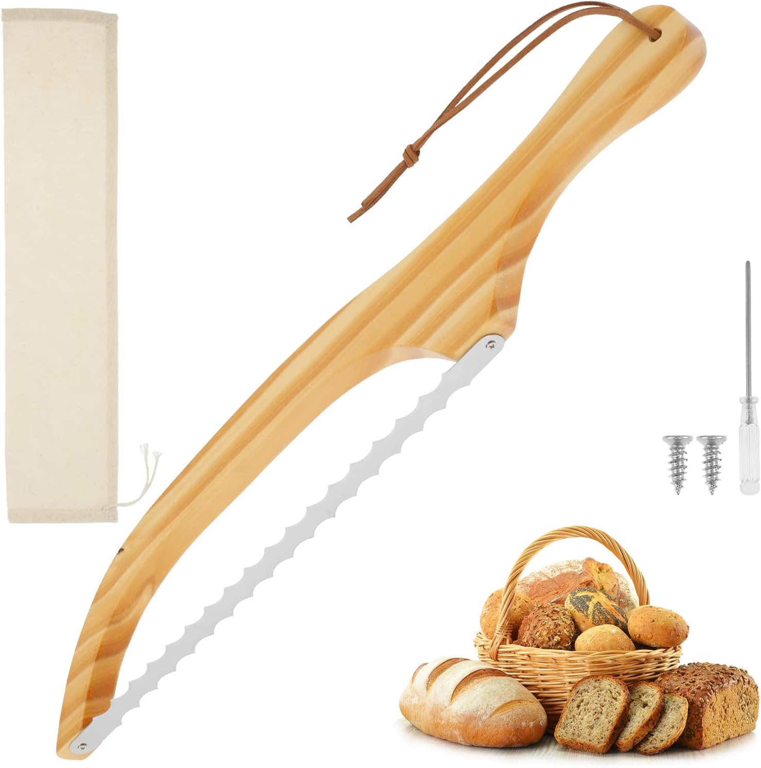 GUIJZSLTRG Wooden Bread Bow Knife, 40cm Serrated Bread Bow Cutter ...