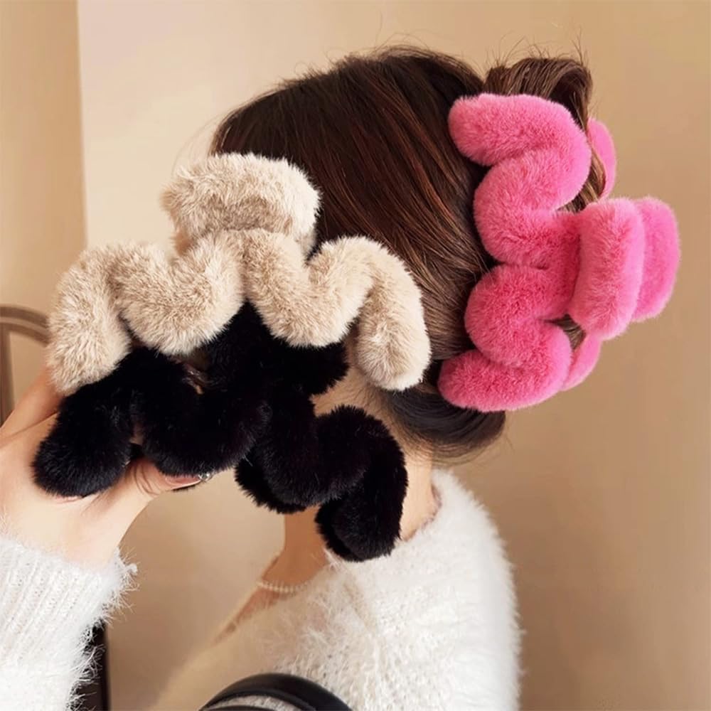 Amazon.com : 3Pcs Fuzzy Large Faux Fur M-Shaped Hair Claws Winter Plush ...