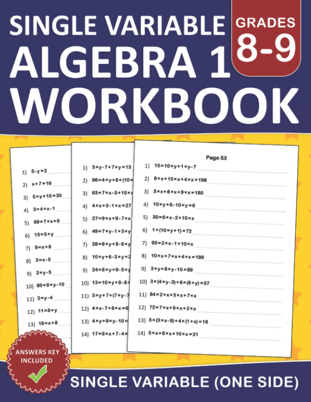 Algebra 1 Workbook for Grades 8-9 with Answers Single Variable (One ...