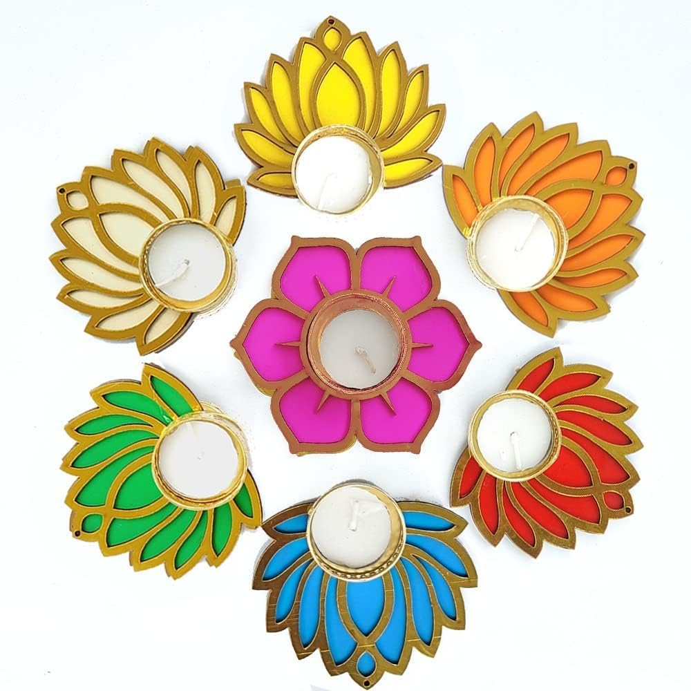 Gift Jaipur Wooden Multicolor Mix Lotus Flower Diya Rangoli 7 pc ...