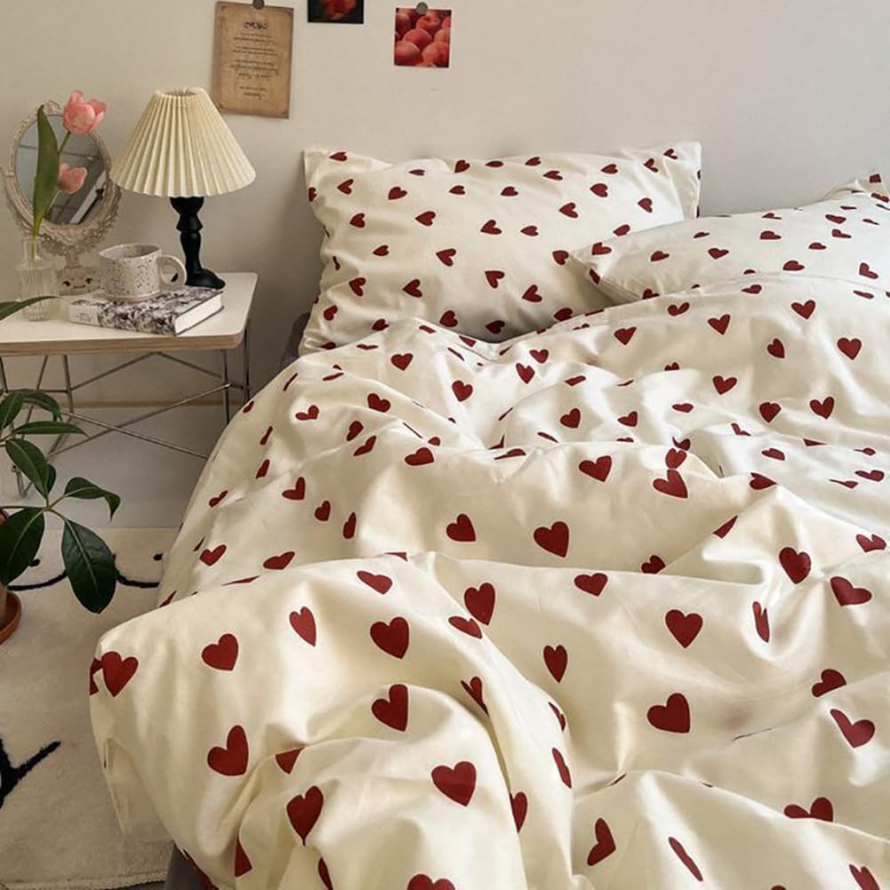 Michorinee Red and White Heart Single Duvet Cover Set Aesthetic Red ...