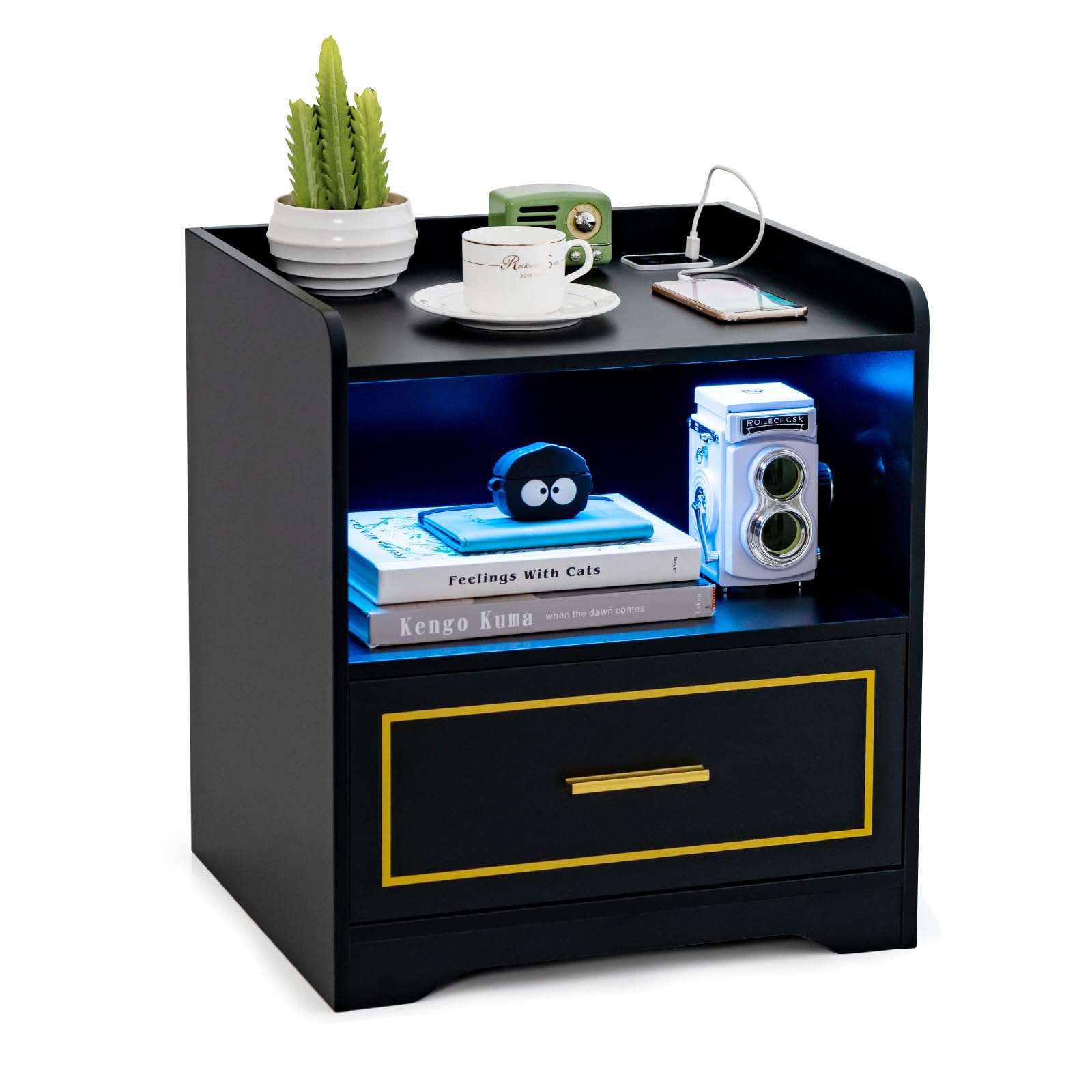 COSTWAY LED Bedside Table, Smart Nightstand Sofa Side Table with ...
