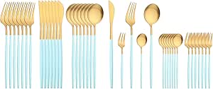 Amazon.com | JASHII 40pcs Matte Mint Green and Gold Flatware Silverware ...