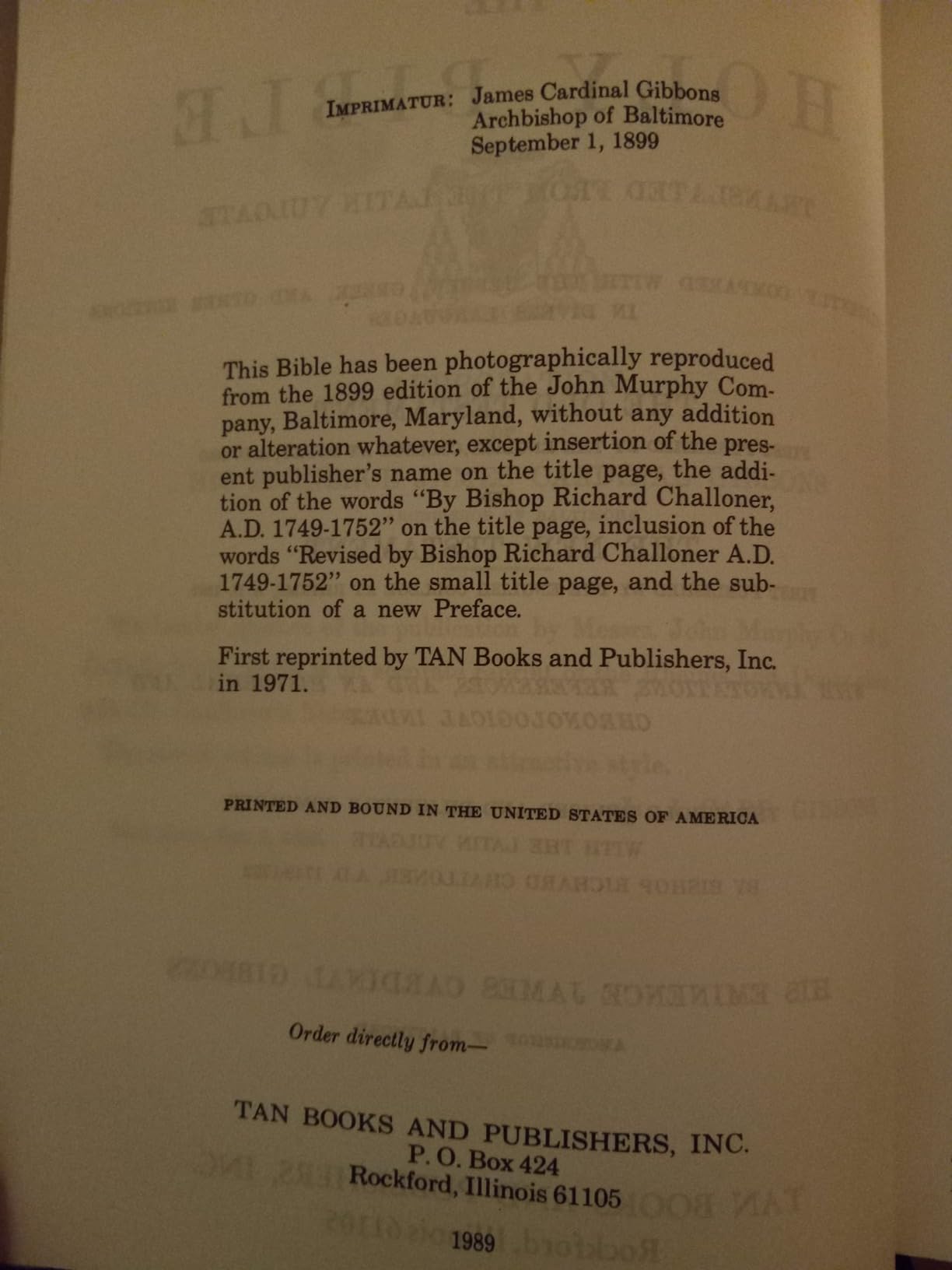 THE HOLY BIBLE Douay Rheims Version 1989 Tan Books and Publishers, IL [Hardcover] unknown ...