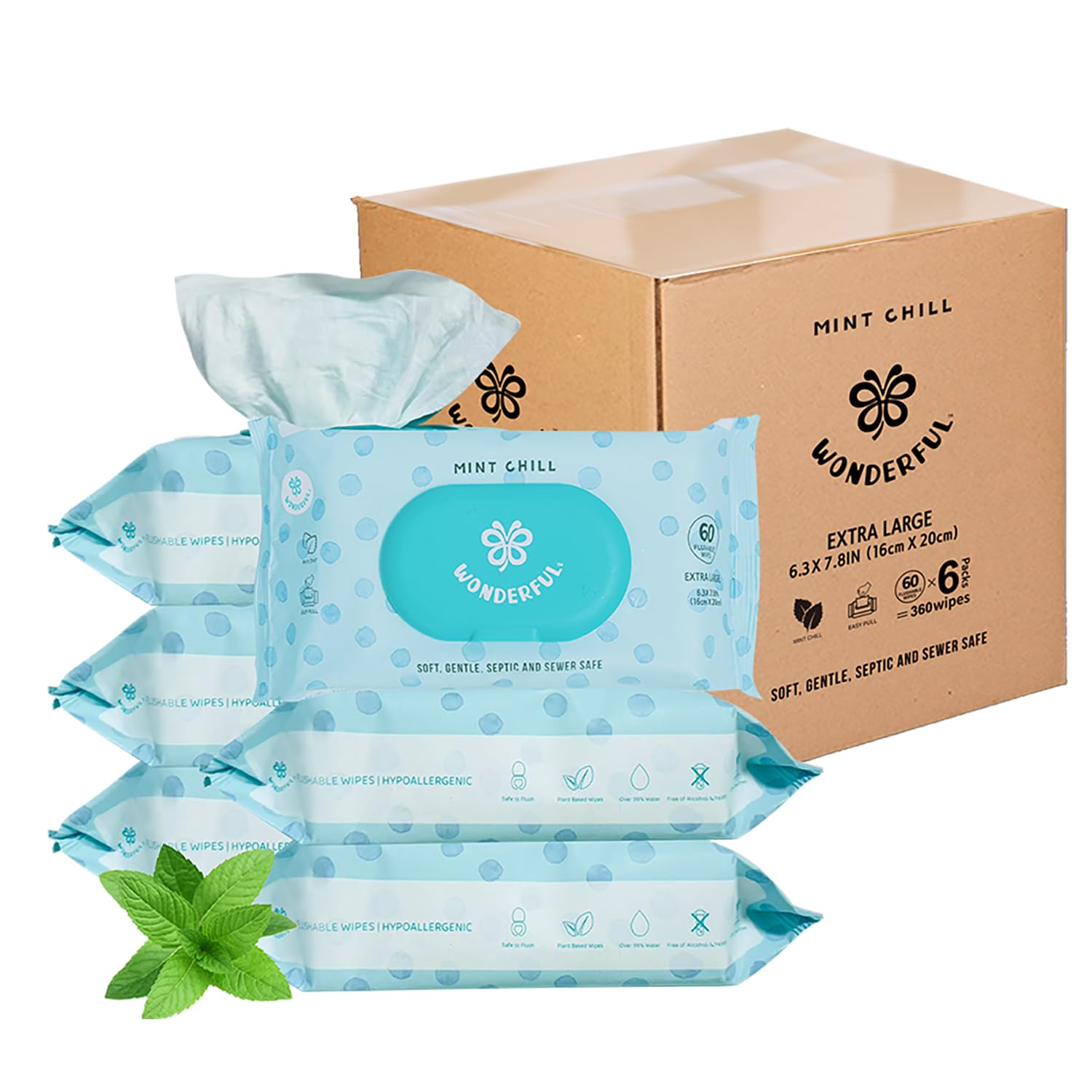 Amazon.com: WONDERFUL Flushable Wipes 6-Pack (360 Wipes) - Mint Chill ...