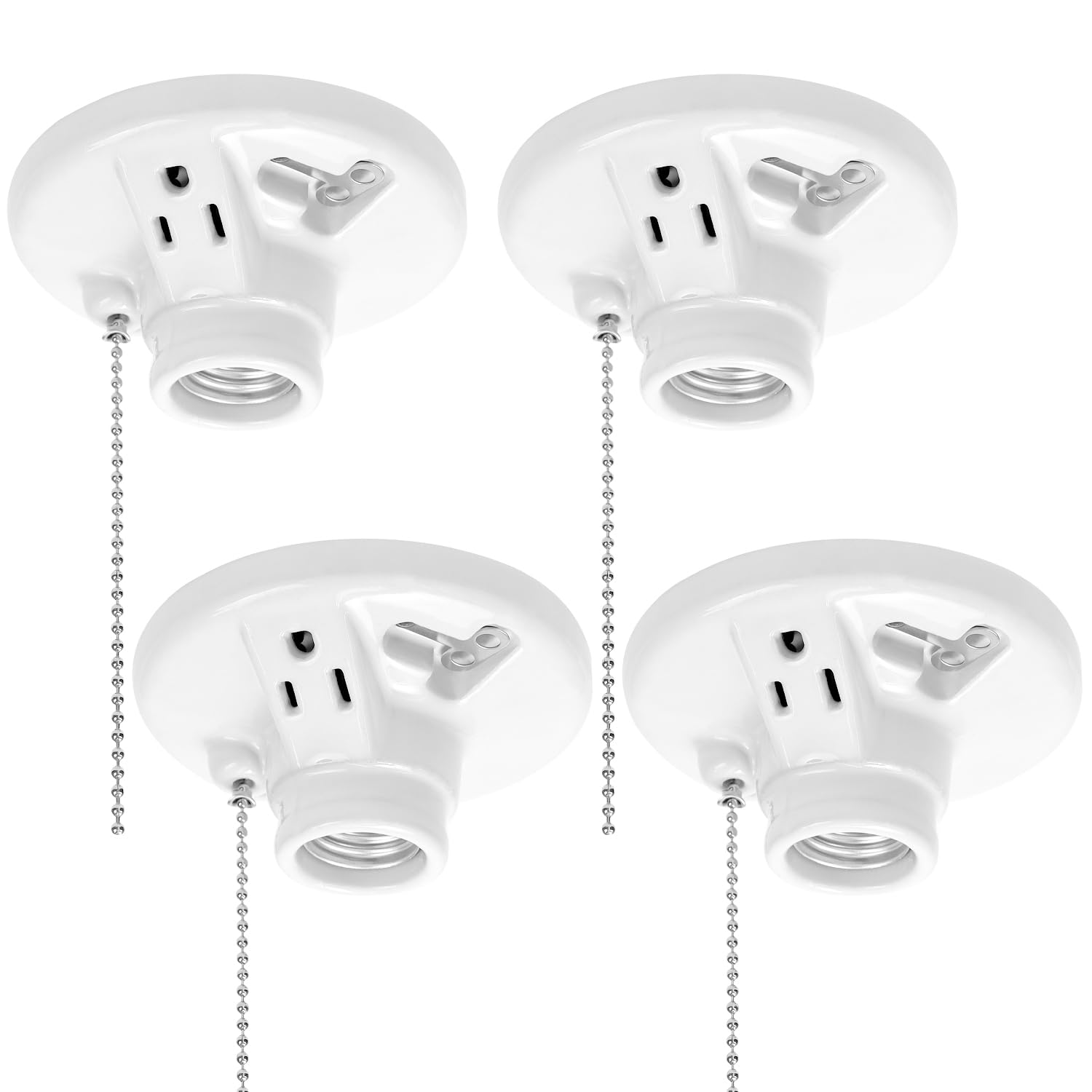 QWORK Light Socket with Grounded Outlet, 4 Pack Porcelain Pull Chain ...