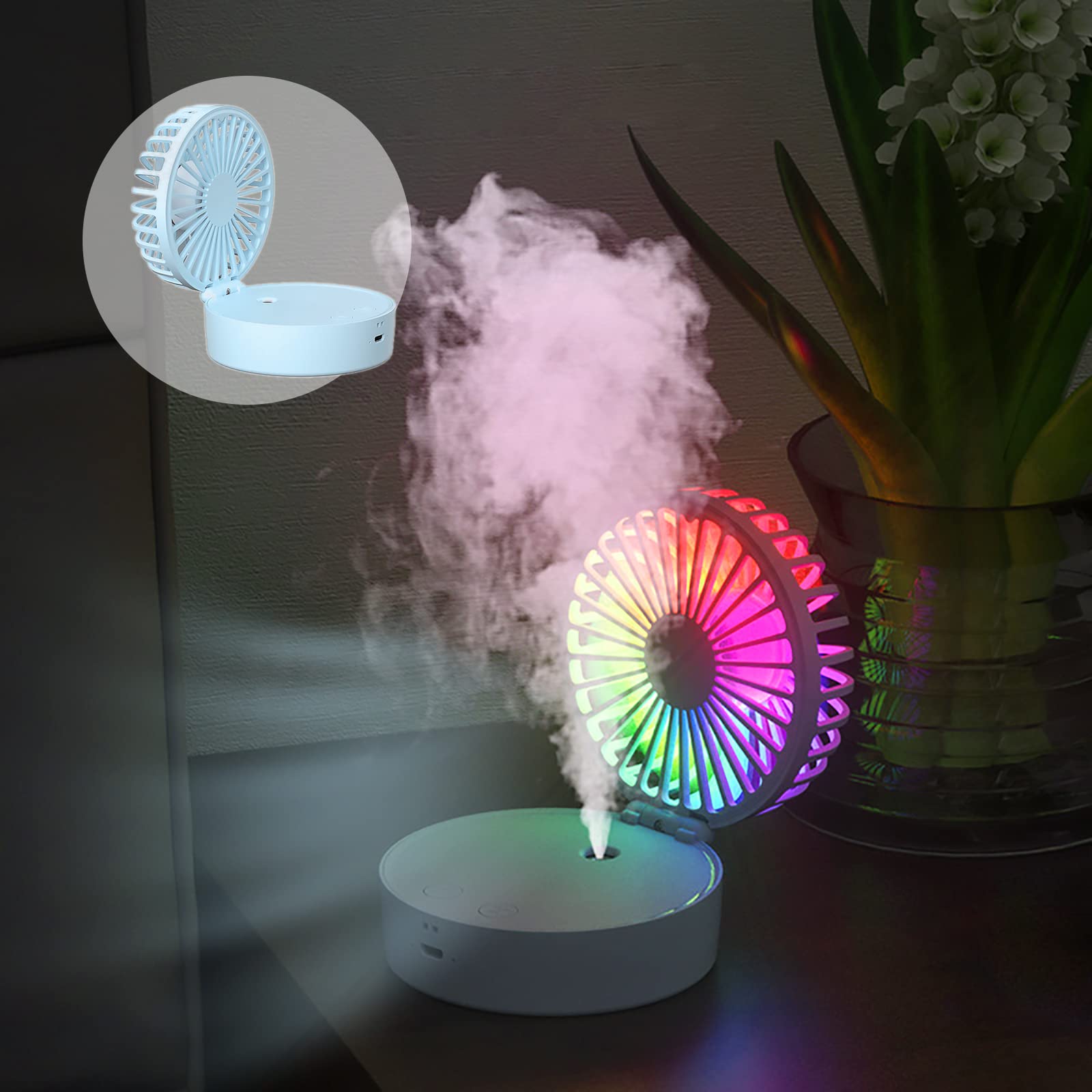 Portable 3 in 1 Hand Fans, Misting Fan for Makeup, Night Lights with ...