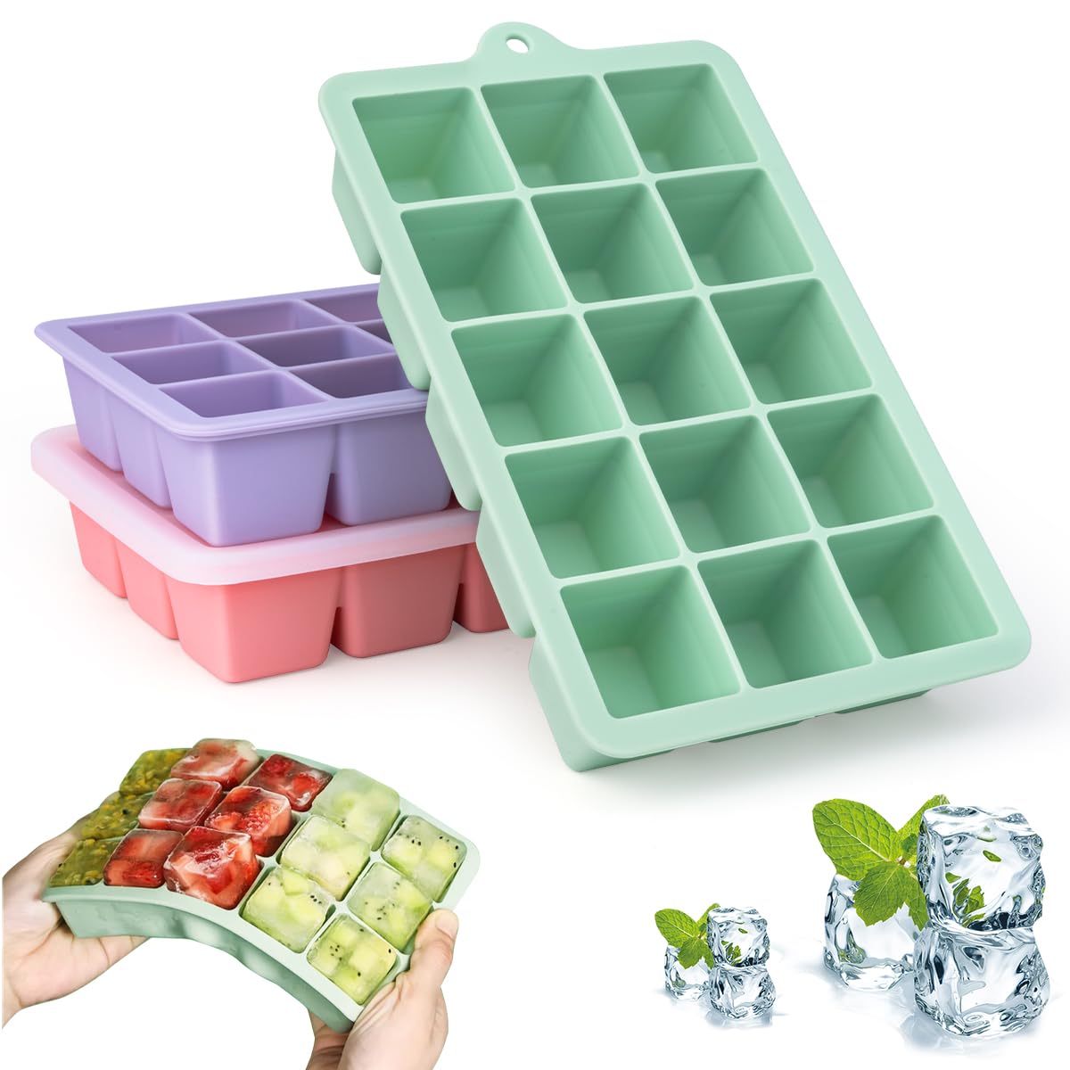 Ice Cube Tray with Lid, Pack of 3 Silicone Ice Cube Trays, BPA-Free Ice ...