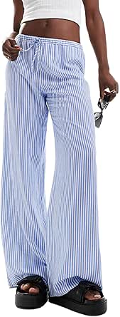 ZZEVOLSS Women Drawstring Striped Pants Low Rise Loose Wide Leg Lounge ...