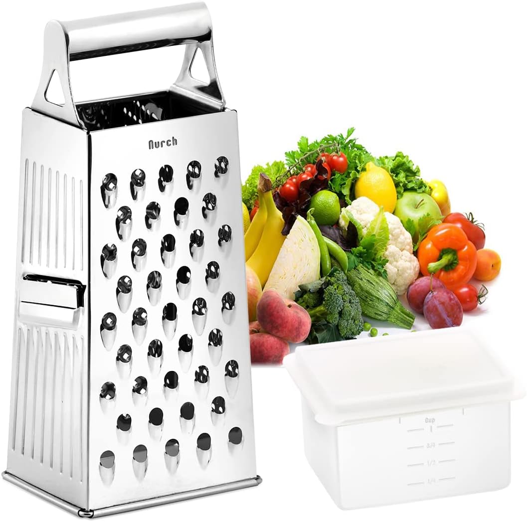 Nurch Box Grater, Stainless Steel 4-Sided Grater, Cheese Grater with ...