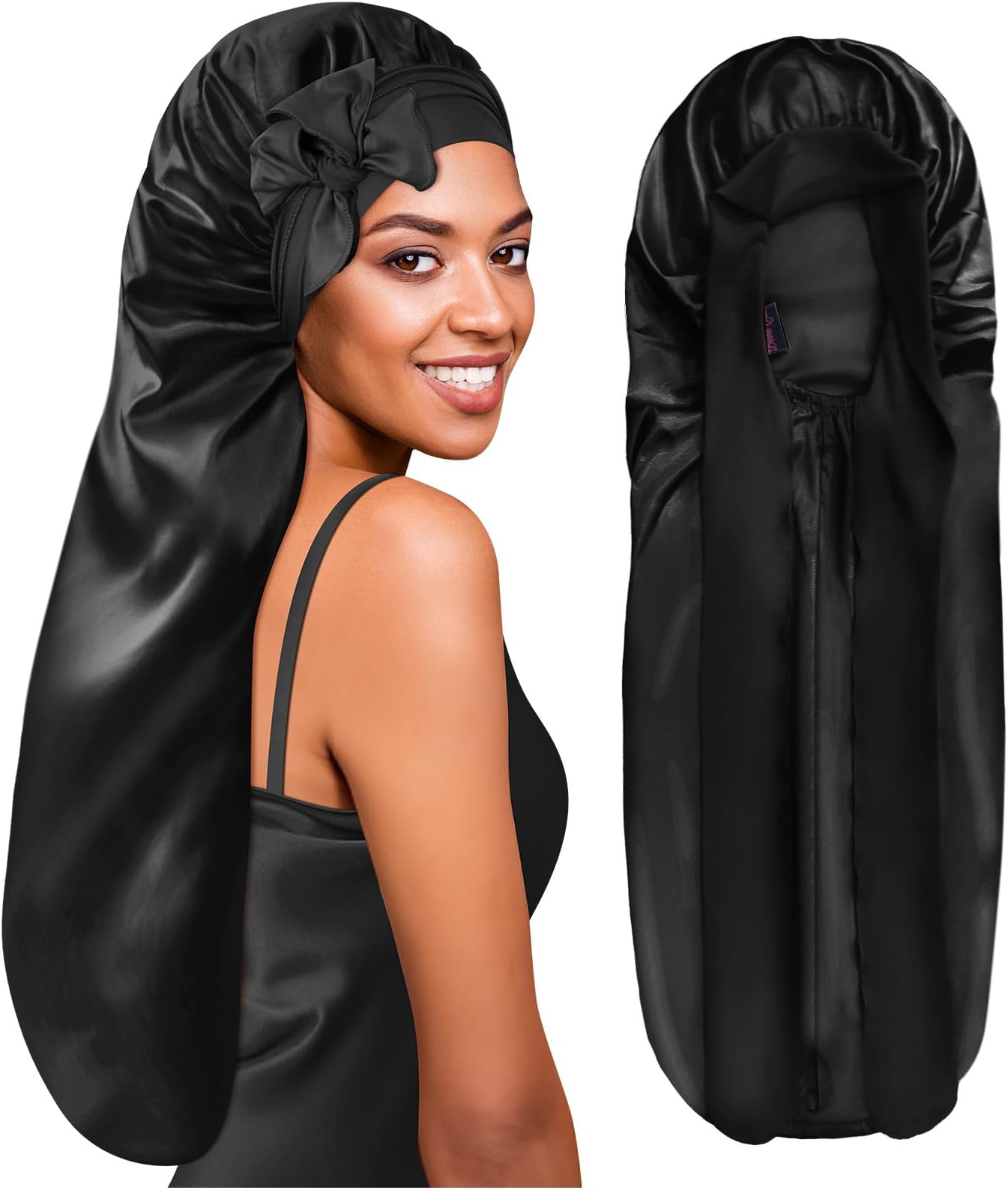 Amazon.com : AWAYTR Long Satin Braids Bonnet for Women - 2 Layer Silk ...