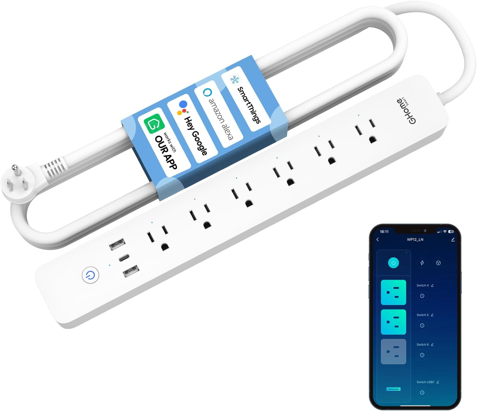 Amazon.com: GHome Smart Plug Power Strip, 3 USB (30W Fast Charging) and ...