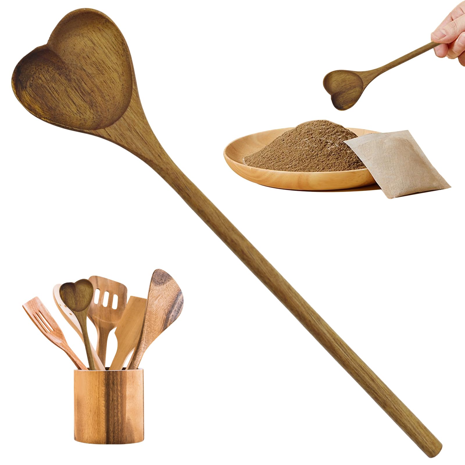 Amazon.com: Heart Shaped Wood Spoon with Long Handle, Cooking Kitchen ...