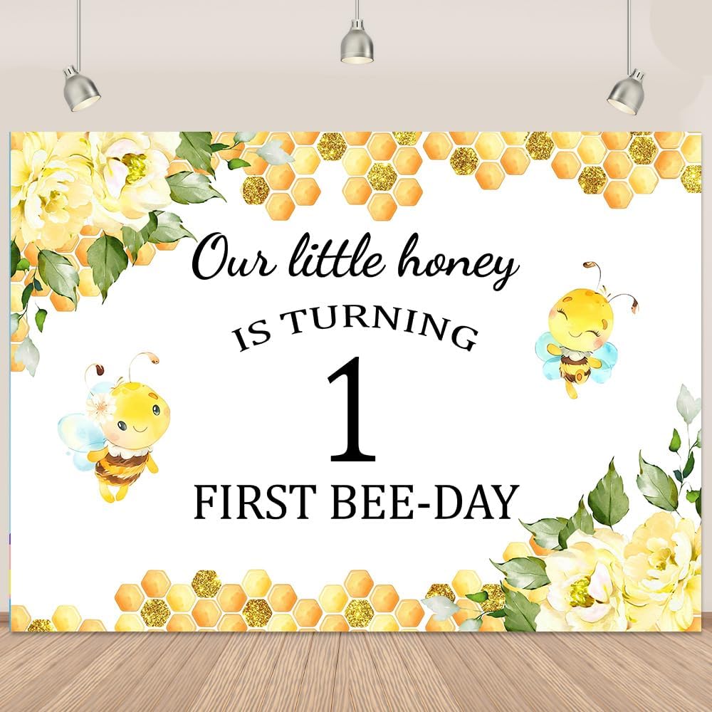 Amazon.com : First Bee-Day Happy Birthday Backdrop Bee 1st Birthday ...