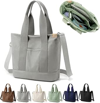 Efilra Multi Pocket Canvas Tote Bag with Zipper, Medium Work Bag with Compartments, Japanese ...