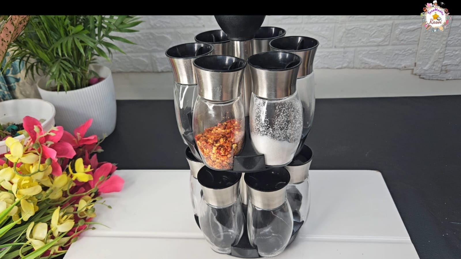 Buy AGARO Elegant Glass Spice Jar with Holder, Set of 12, Spinning ...