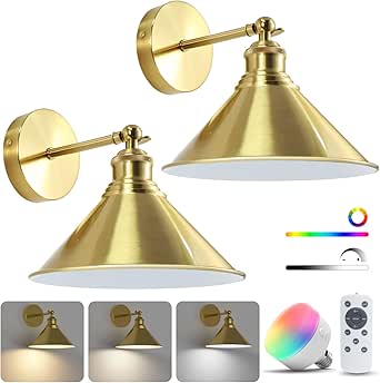 NIORSUN Vintage Battery Operated Wall Sconce Set of 2, Gold Wireless Rechargeable Wall Lights ...