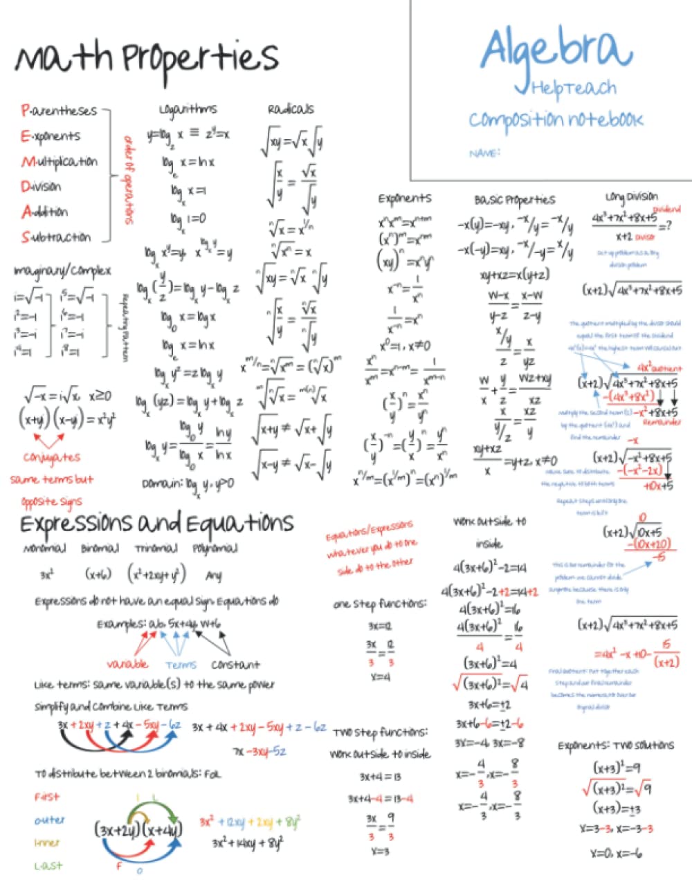 Algebra Notebook: Wide Ruled Composition Notebook with Common Equations ...