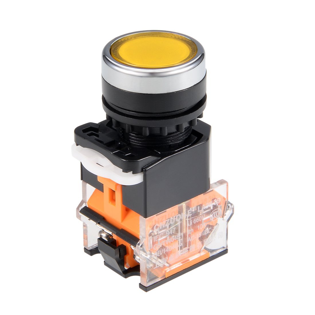 uxcell 22mm Latching Push Button Switch Yellow Round Flat Button DPST 1 ...