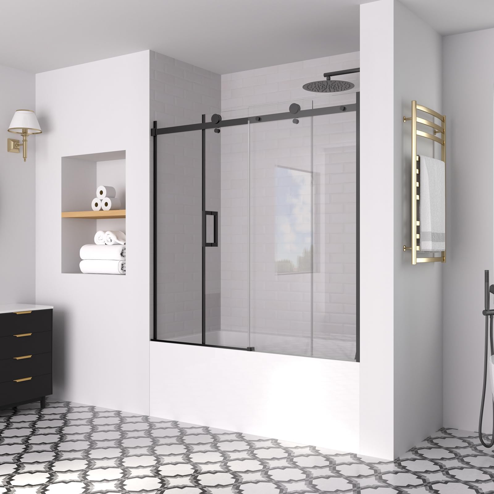 Sunrosa 60" W x 60" H Frameless Tub Shower Door, Tub Door, 5/16" (8mm ...