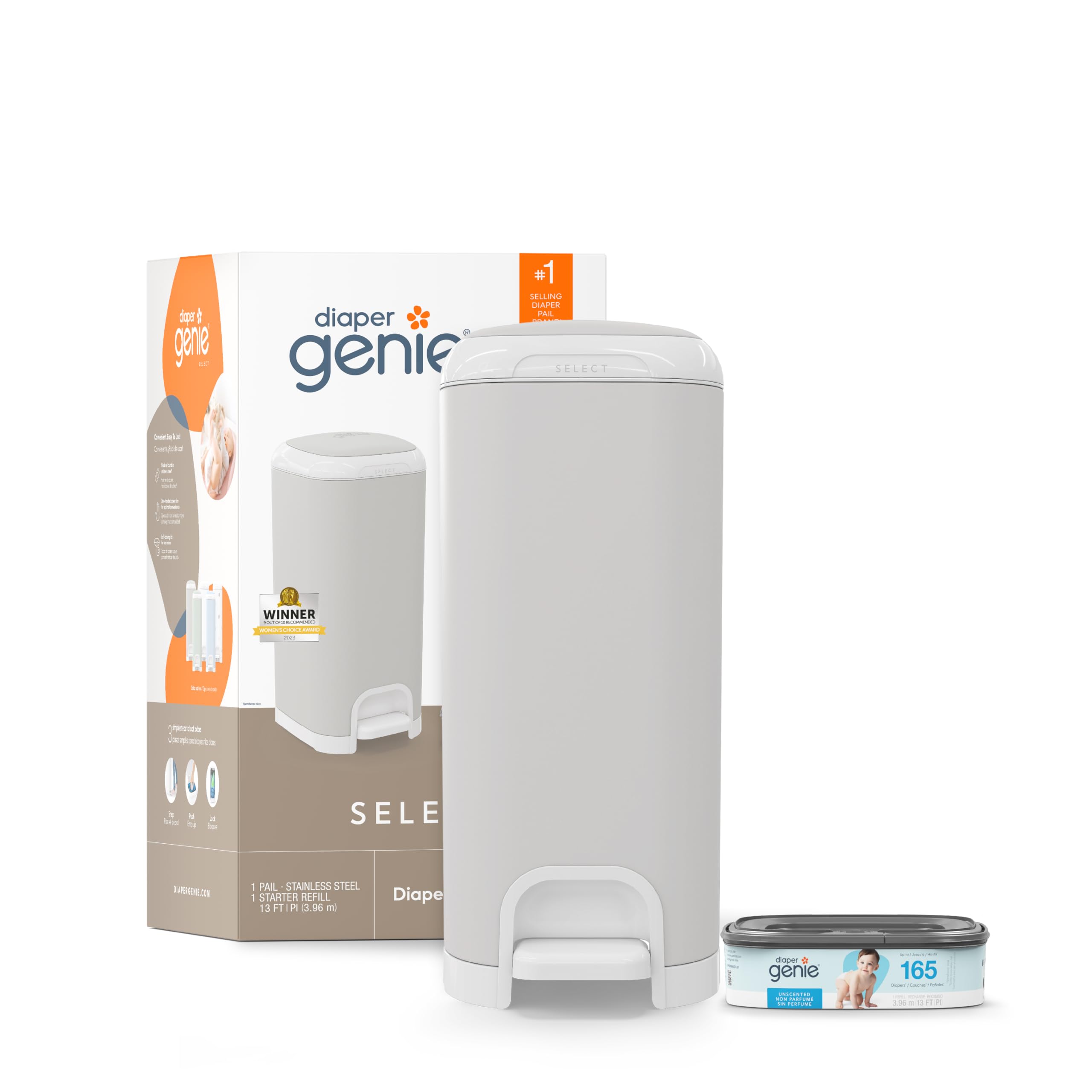 Diaper Genie Select Pail (Grey) is Made of Durable Stainless Steel and ...
