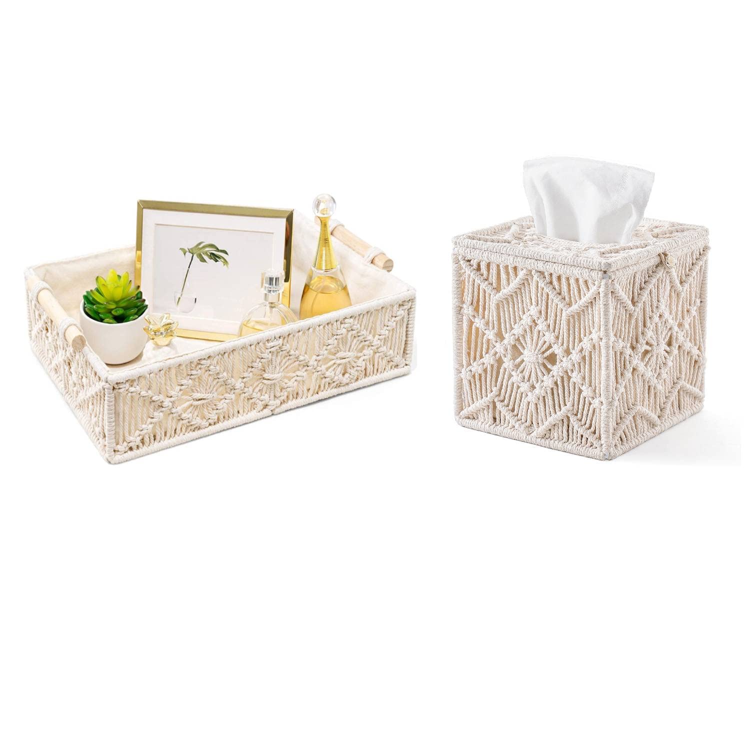 Amazon.com: Mkono Macrame Decorative Tray Boho Decor Basket with Wooden ...