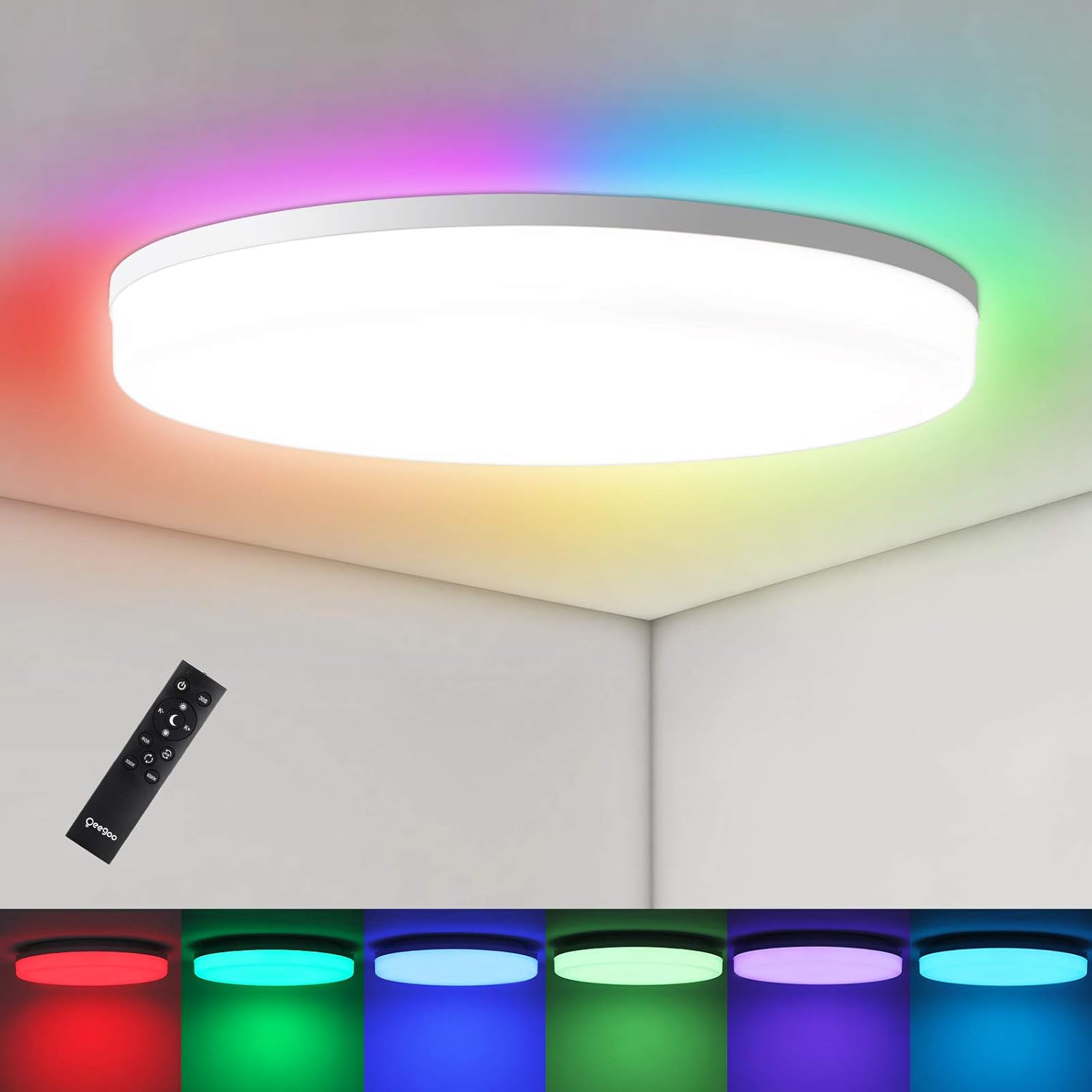 RGB Ceiling Light with Remote Control, Oeegoo 36W RGB Dimmable 7 Color ...