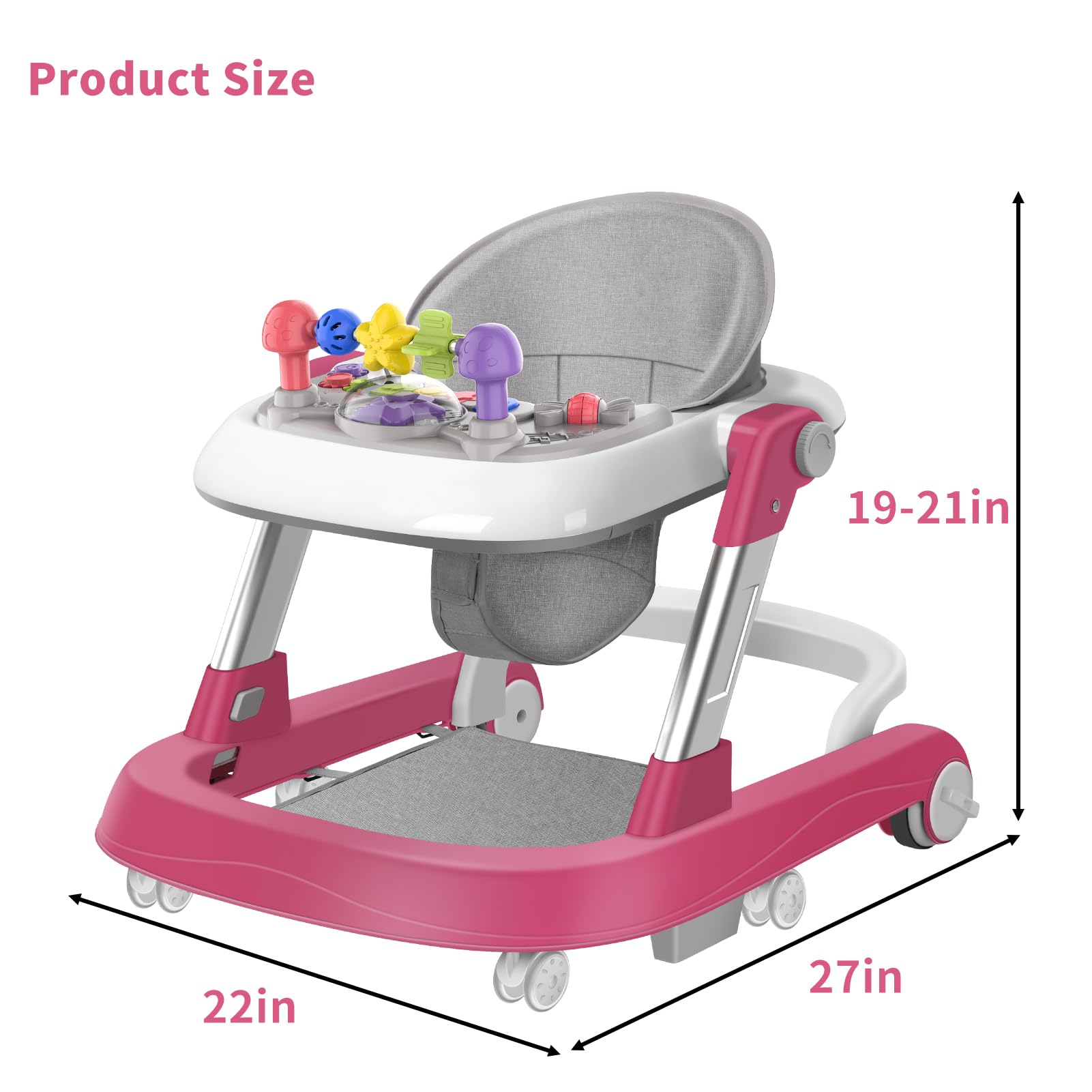 (Rose-red) Baby Walker, 6-Gear Height Adjustable Foldable Baby Walkers ...