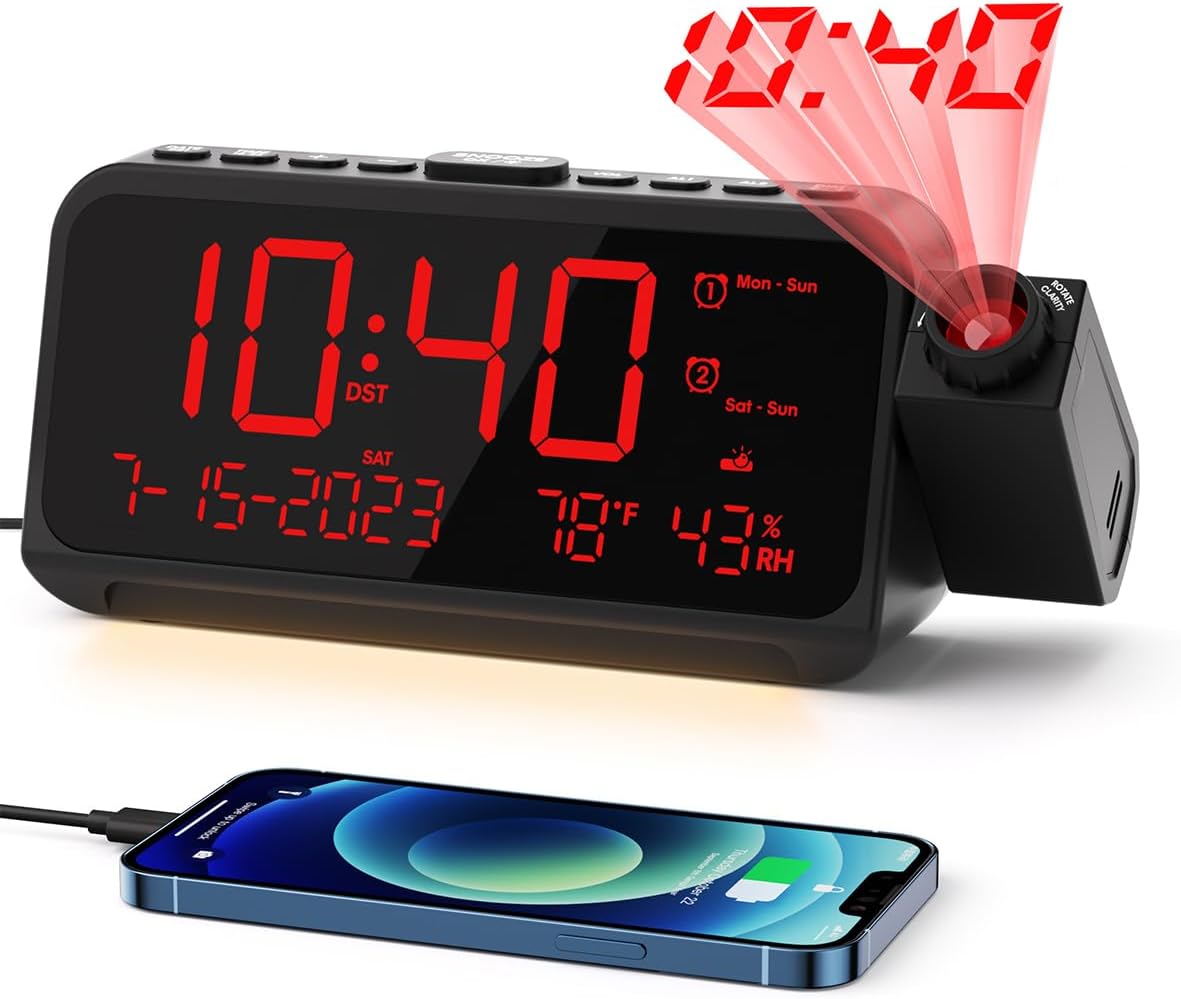 Amazon.com: ROCAM Projection Clock for Bedroom, Digital Clock with 350 ...