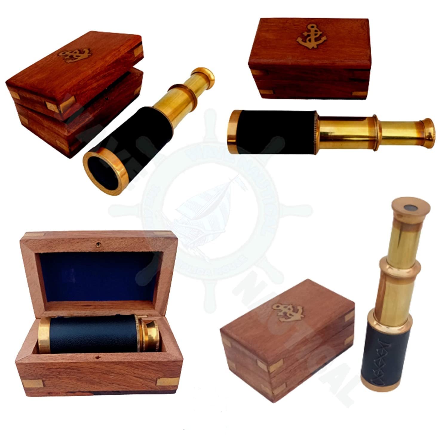 LOT of 5 PCS Vintage 6 Inch Brass Telescope with Wooden Box Mini ...
