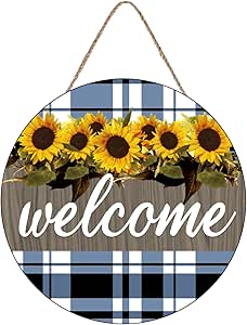 Amazon.com : Sunflower Round Buffalo Plaid Welcome Sign Rustic ...