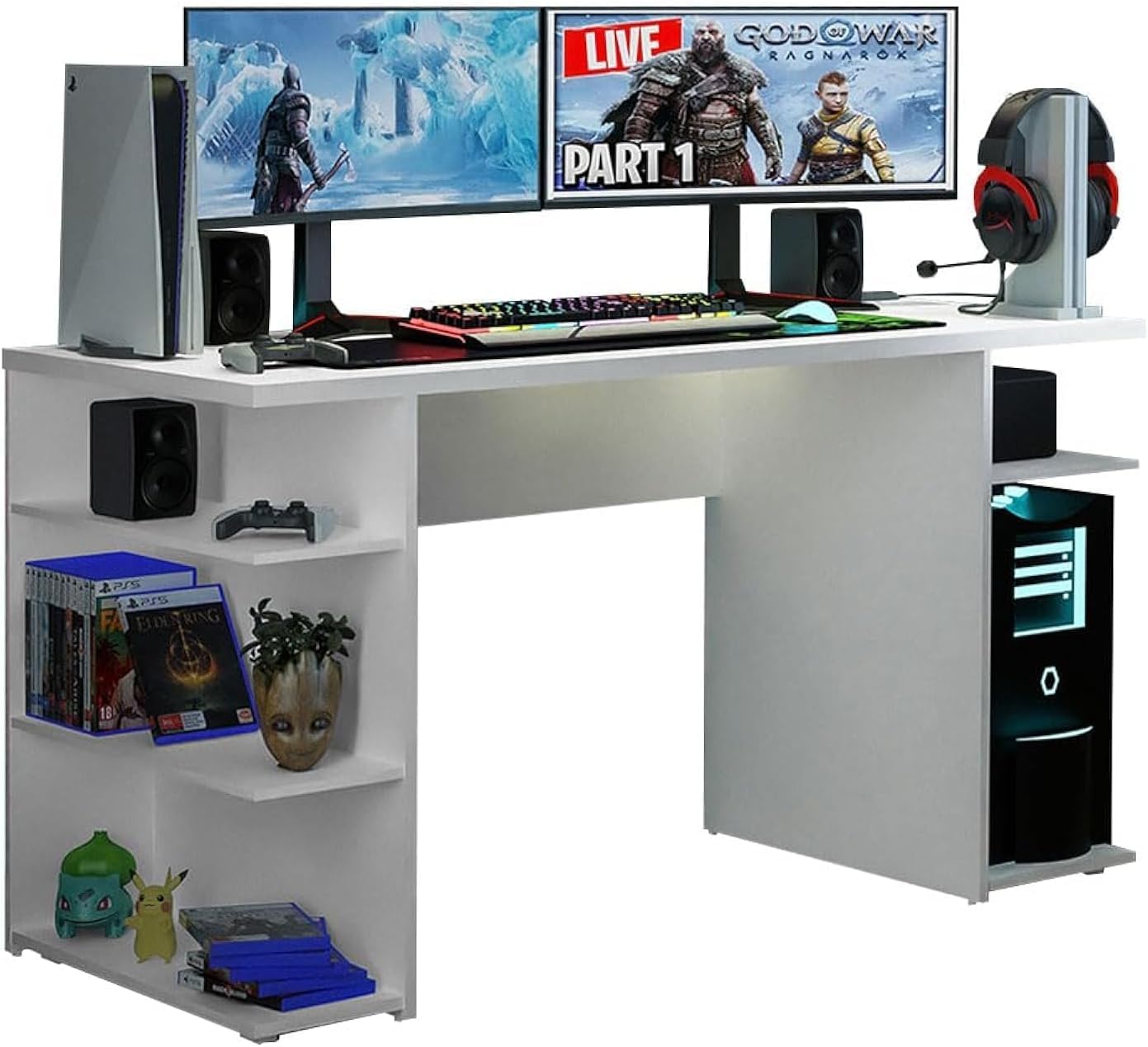 Furnilife Gaming Computer Desk with 5 Shelves, Cable Management and ...