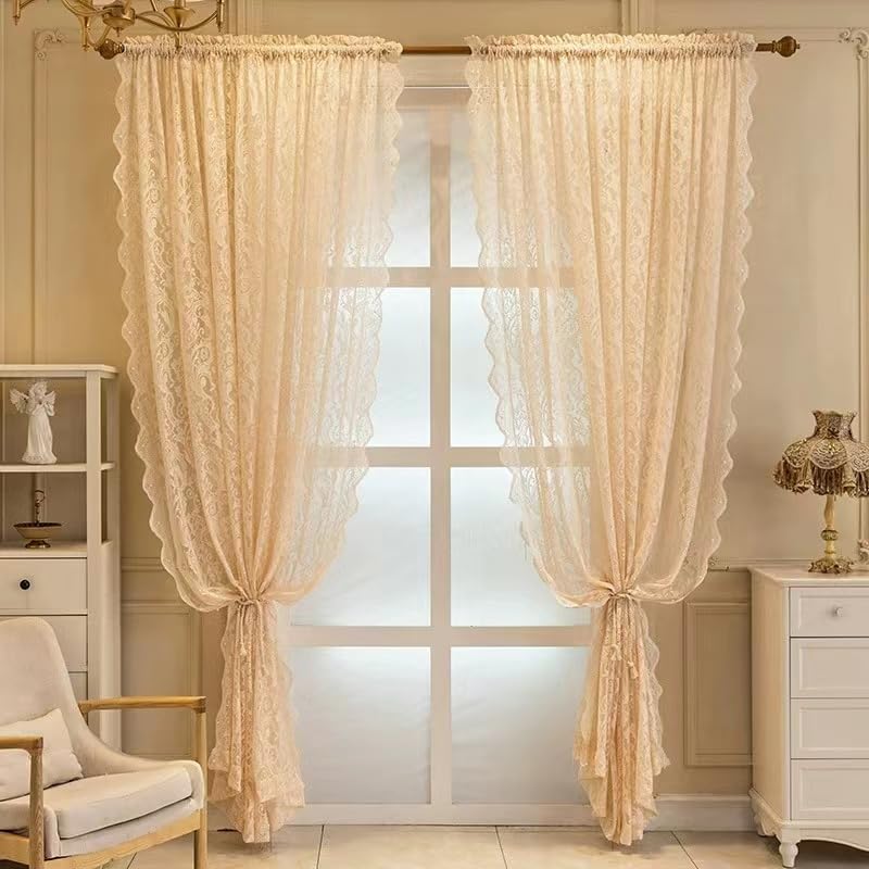 F-CHU Beige Net Curtains 54 drop Sheer Lace Curtains for Bedroom of 2 ...