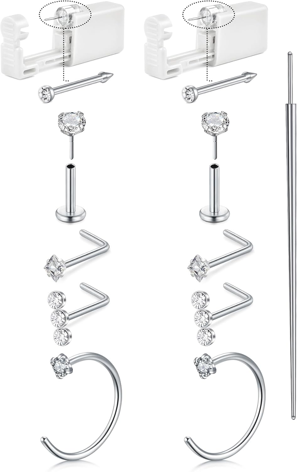 QWALIT Silver Nose Piercing Kit Nose Ring Piercing Gun Self Nostril ...