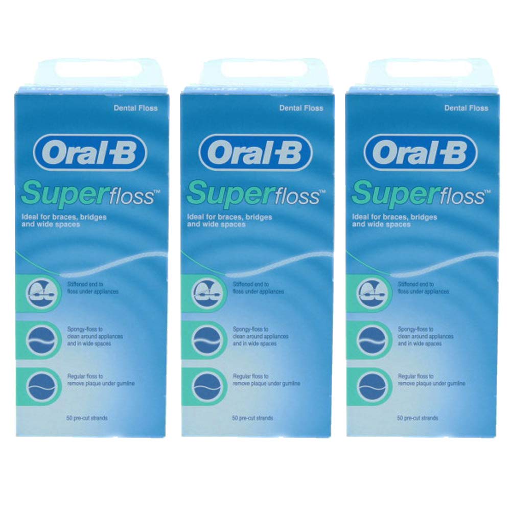 3 x Super Waxed Dental Floss 50 Strands Braces Bridge Wide Space Oral ...