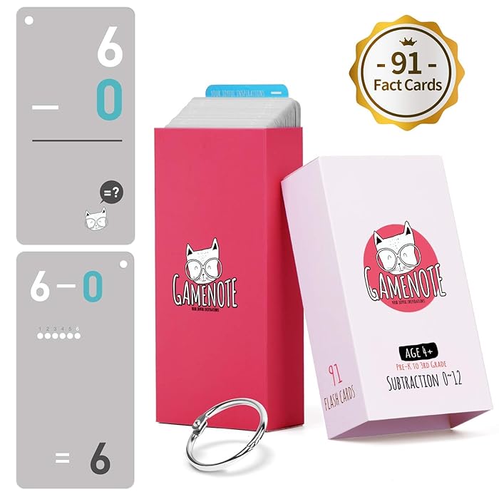Buy Gamenote Subtraction Flash Cards with Ring - 91 (0-12 All Facts ...
