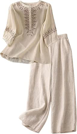 Amazon.com: 2 Piece Linen Sets for Women Boho Summer Fall 2025 3/4 ...