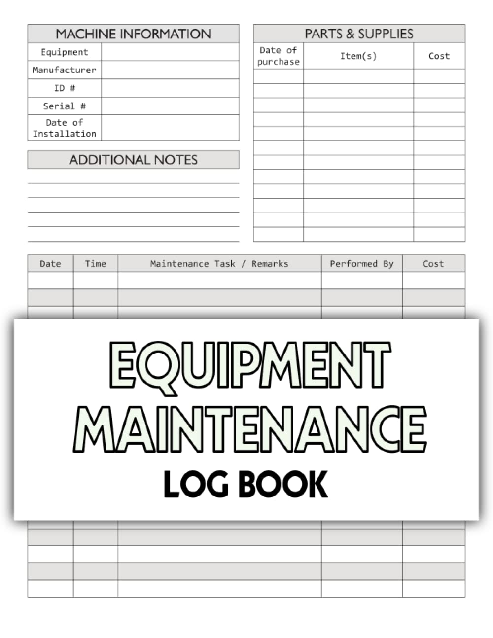 Equipment Maintenance Log Book: Equipment Maintenance and Repair Record ...