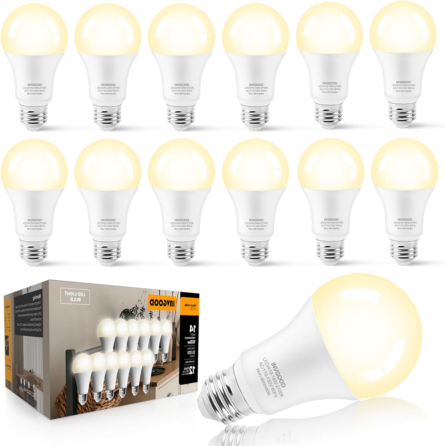 IINVGOOD 14W A19 LED Light Bulbs 100-125 Watt Equivalent, 12 Packs ...