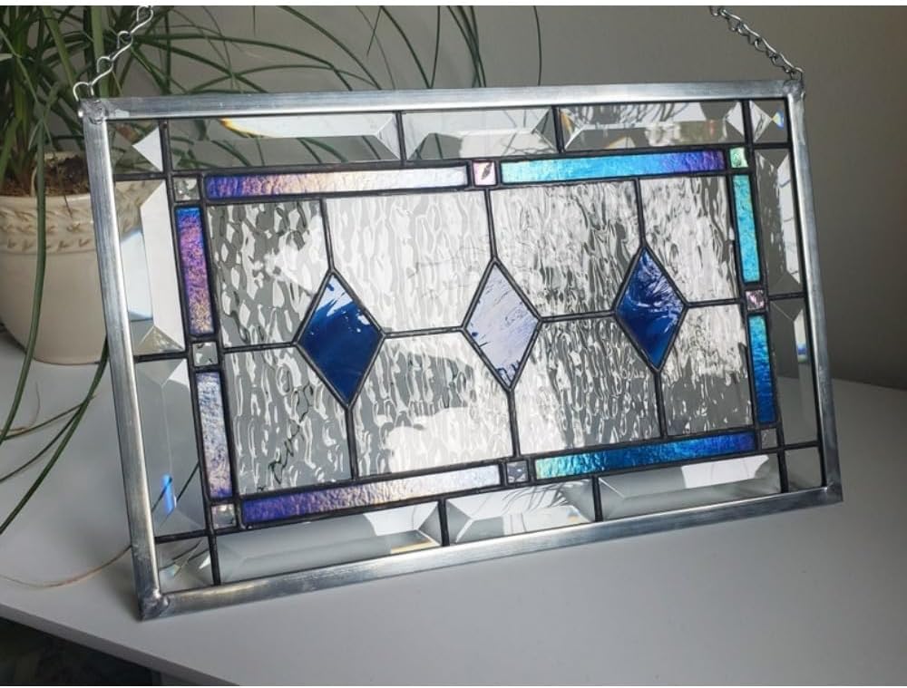 Amazon.com: Stained Glass Window Panel, Blue Geometric Pattarn Stained ...