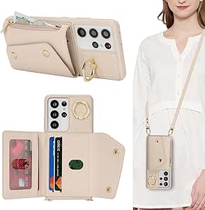 Amazon.com: Lipvina for Samsung Galaxy S21 Ultra Case with Card Holder and Strap - Zipper Pocket ...