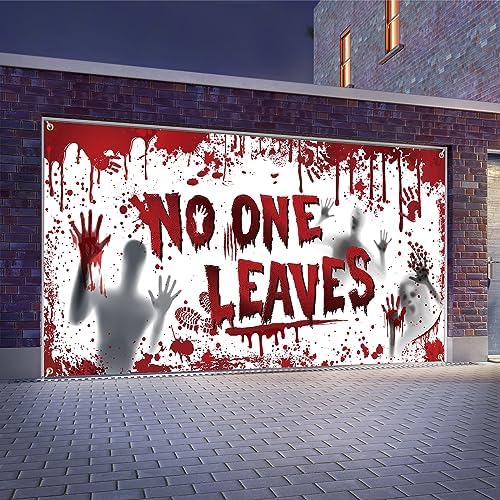 Amazon.com: Ganeen 7 x 16 ft Halloween Garage Door Banner No One Leaves ...