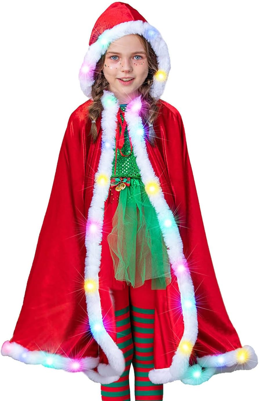 Amazon.com: Aukmla Light Up Christmas Hooded Cape Red Xmas Velvet Fur ...