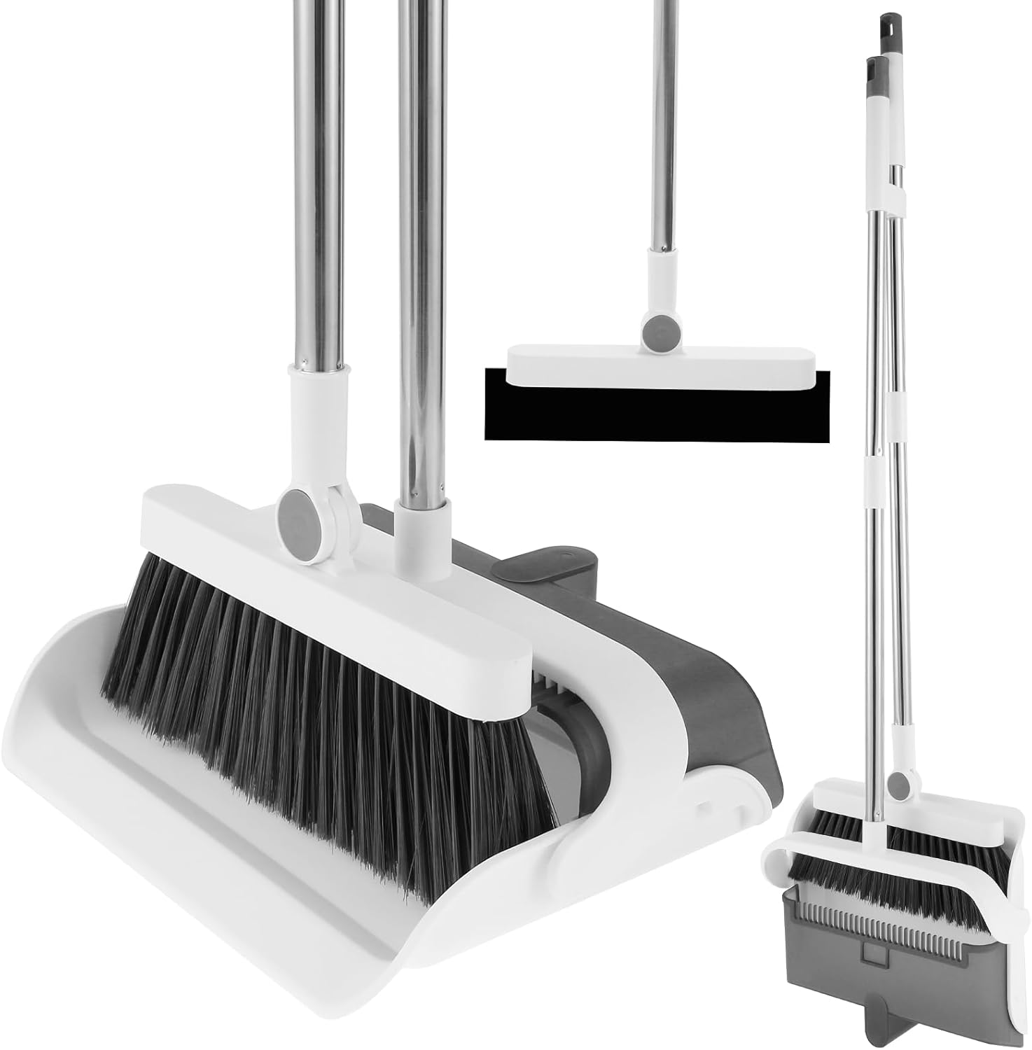 3Pcs Long Handled Dustpan and Brush Set with Squeegee, 180 Degree ...