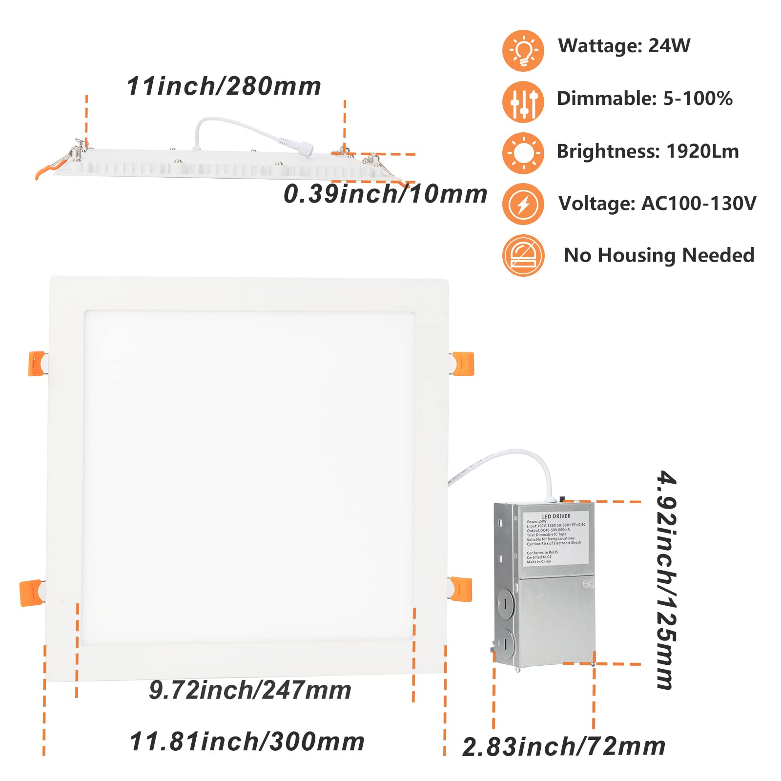 Vtuik 4 Pack 11 inch 24W Dimmable Square LED Recessed Lighting with ...