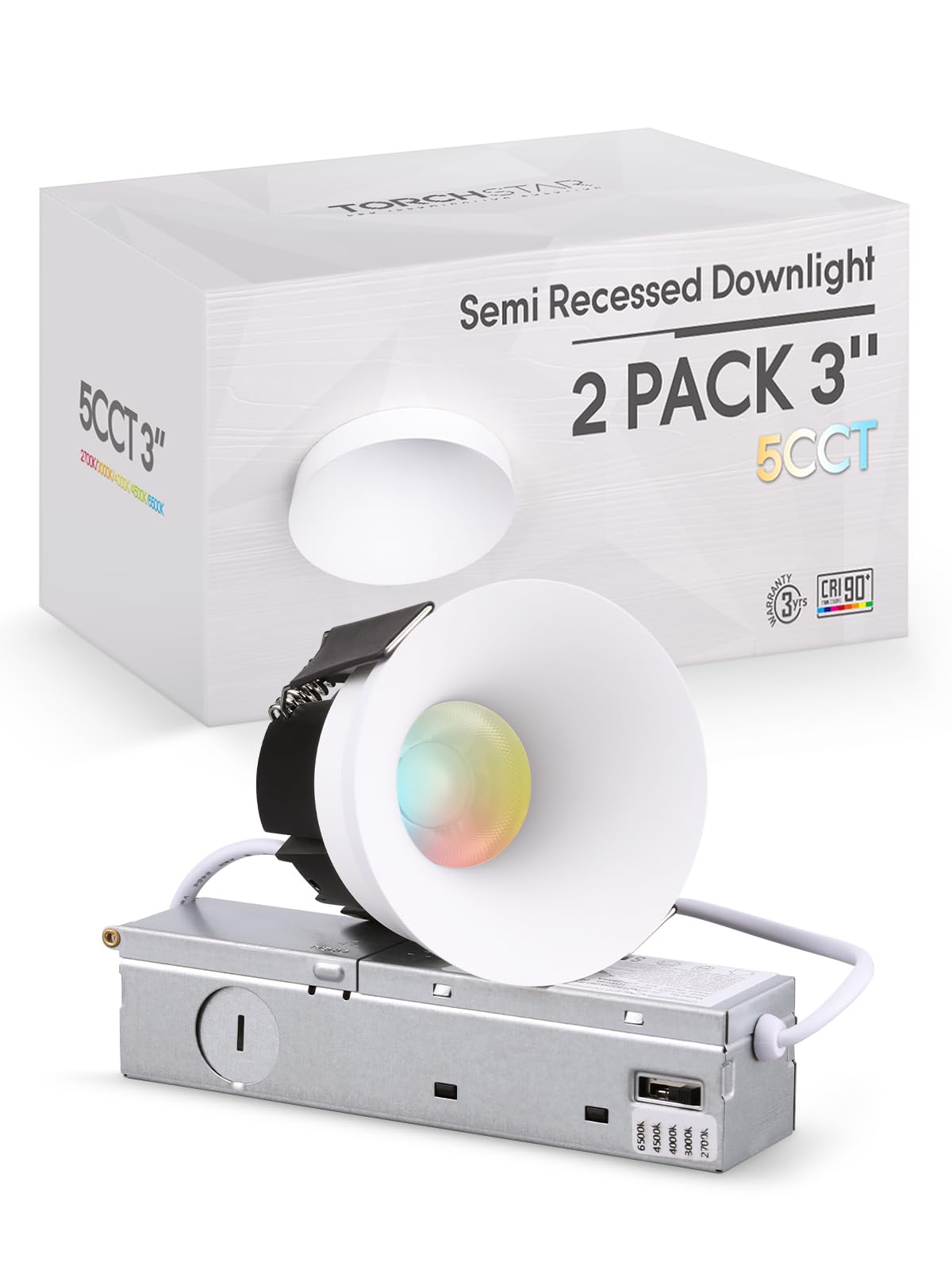 TORCHSTAR 5CCT Trimless 3 Inch LED Recessed Light, 12W Canless Dimmable ...
