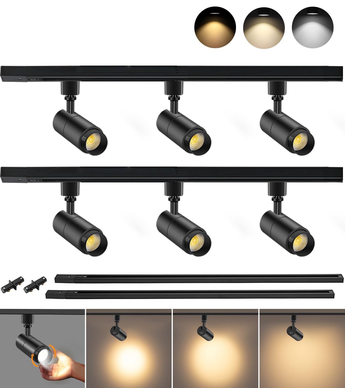 VANoopee 3-Color Zoomable 6 Light LED Track Lighting Kit with 6.6FT H ...